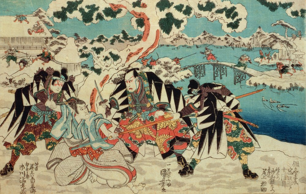 The 'Chushingura'; a scene from act II when the ronin attack Moronao's castle, pub. c.1854